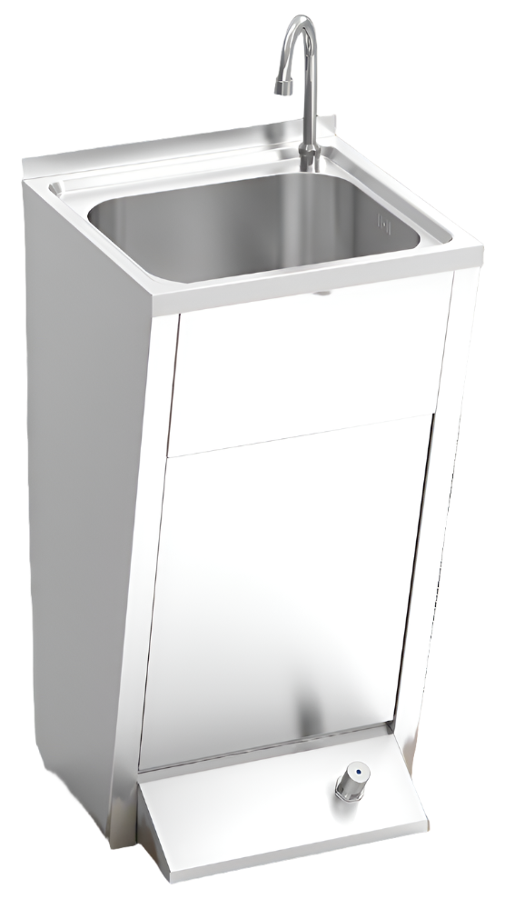 Plumbed stainless steel hand washbasin, foot operated, mixed hot and c ...