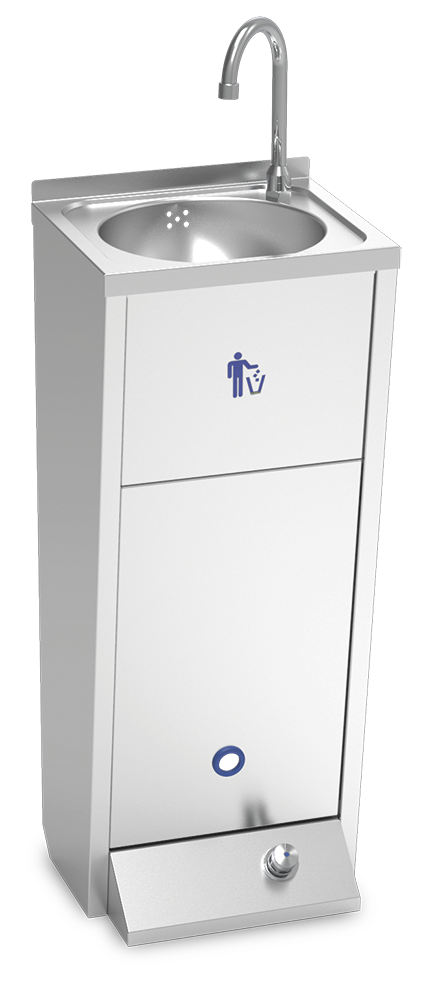 Plumbed stainless steel XS hand washbasin, foot operated, mixed hot an ...